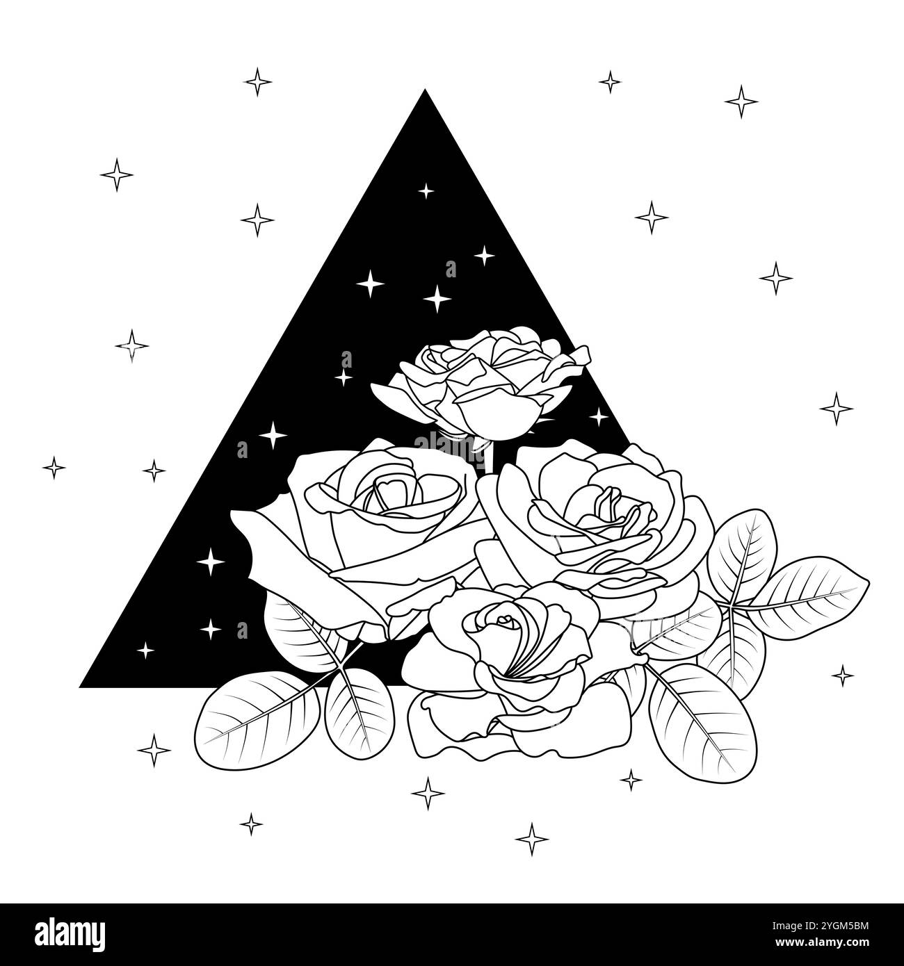 Floral composition. Black contoured roses with leaves bouquet, black ...