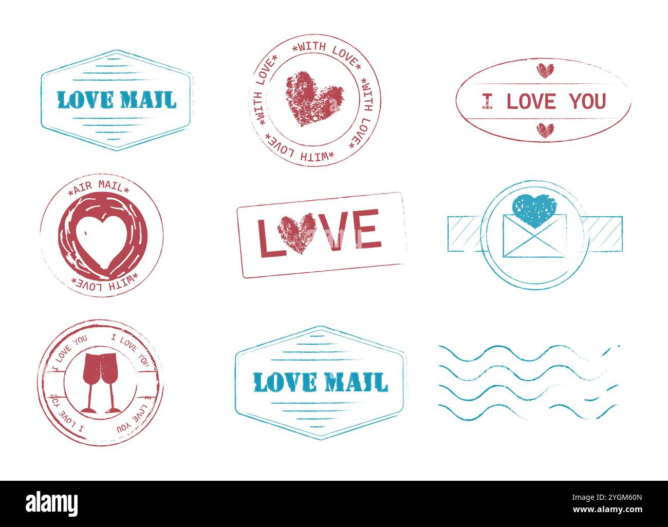 Set Love stamp, romantic mail, postage. Retro Valentine, wedding grunge ...