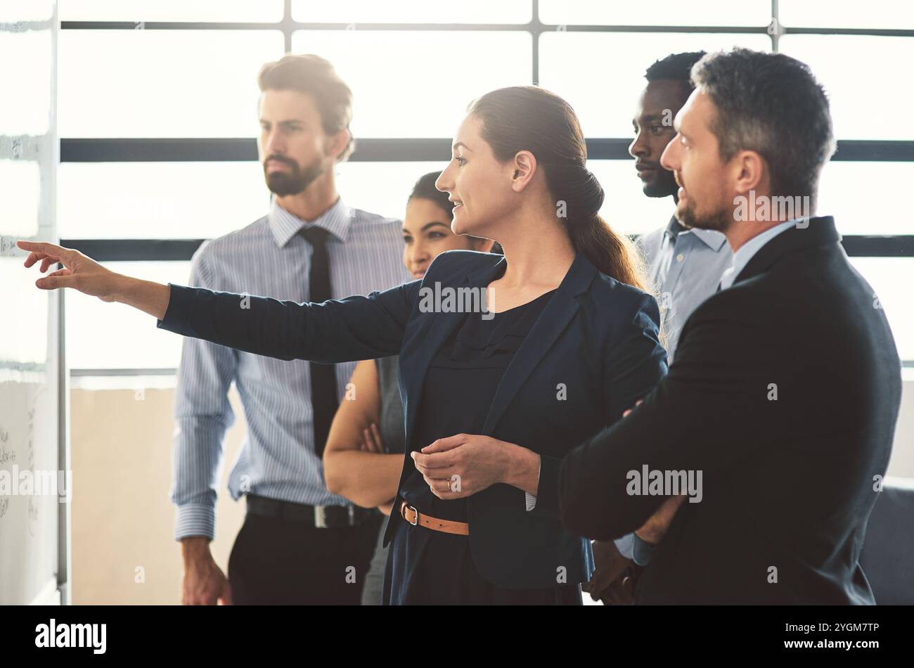 People, workshop and whiteboard in office for meeting, question feedback and problem solving ...