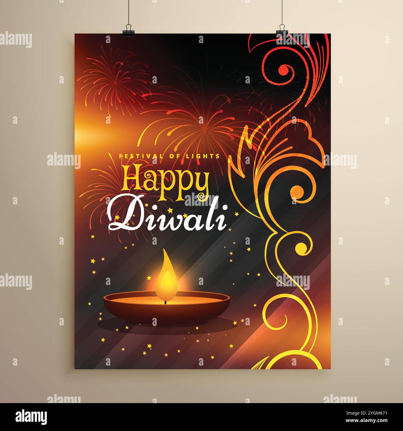 happy diwali wishes flyer design with diya and floral decoration Stock ...