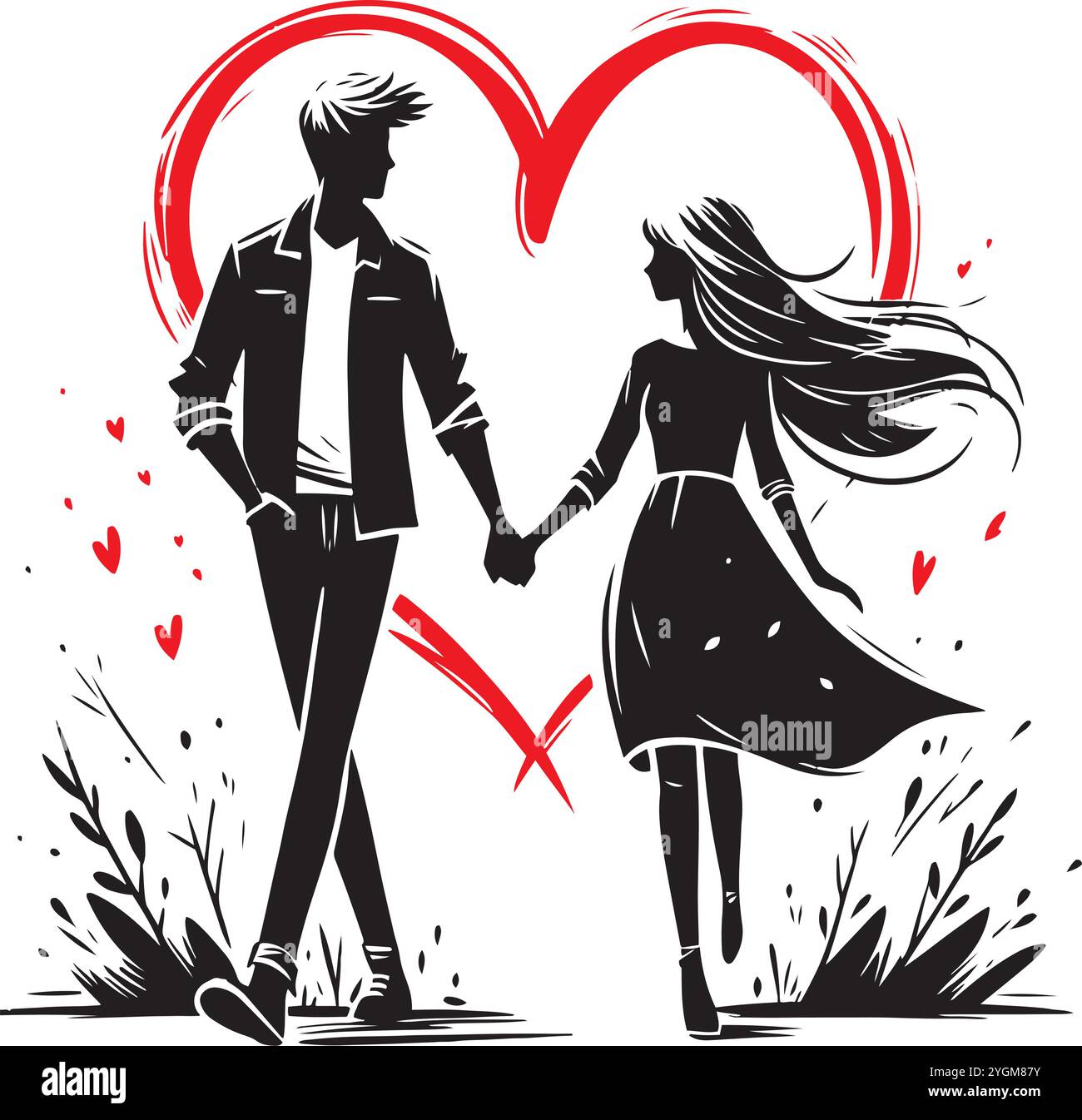 Romantic Silhouettes. Couple holding hands and looking at each other a ...