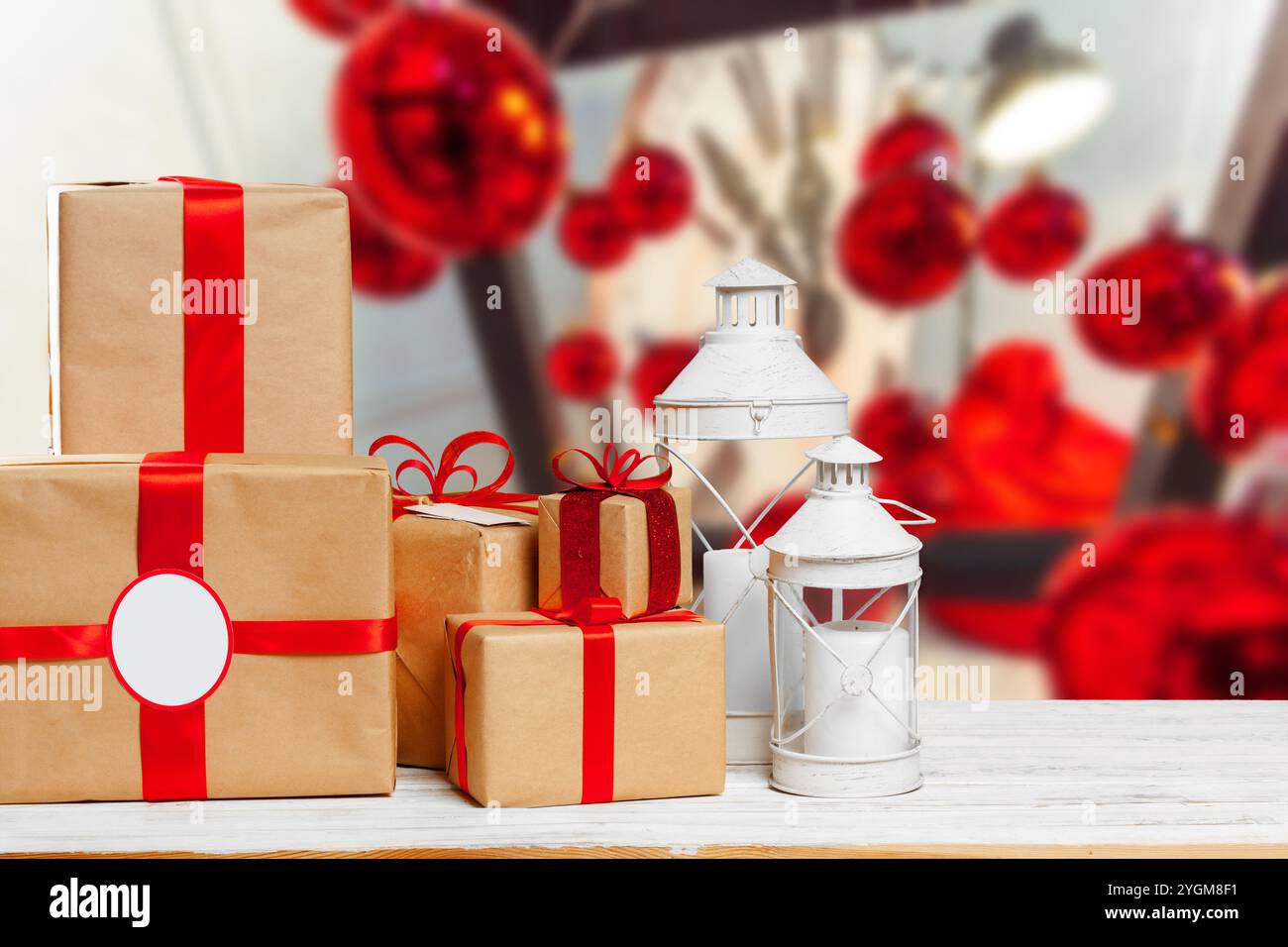 pile of gifts on the old table Stock Photo - Alamy