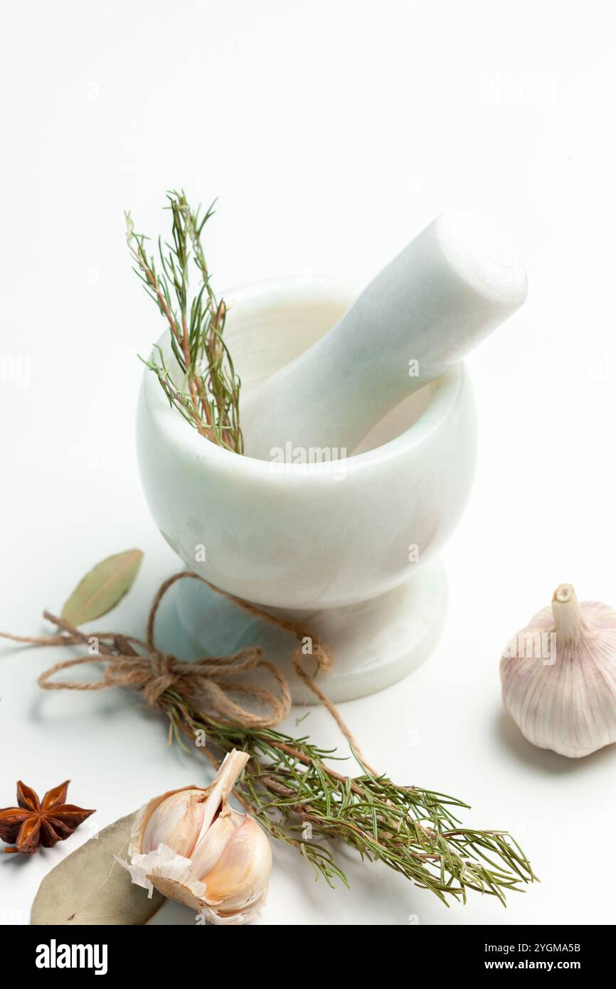Ceramic Mortar with Pestle and fresh spices Stock Photo - Alamy