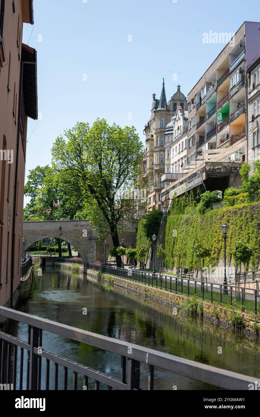 Water channels of the Nysa river in Klodzko, Poland, flowing around the ...