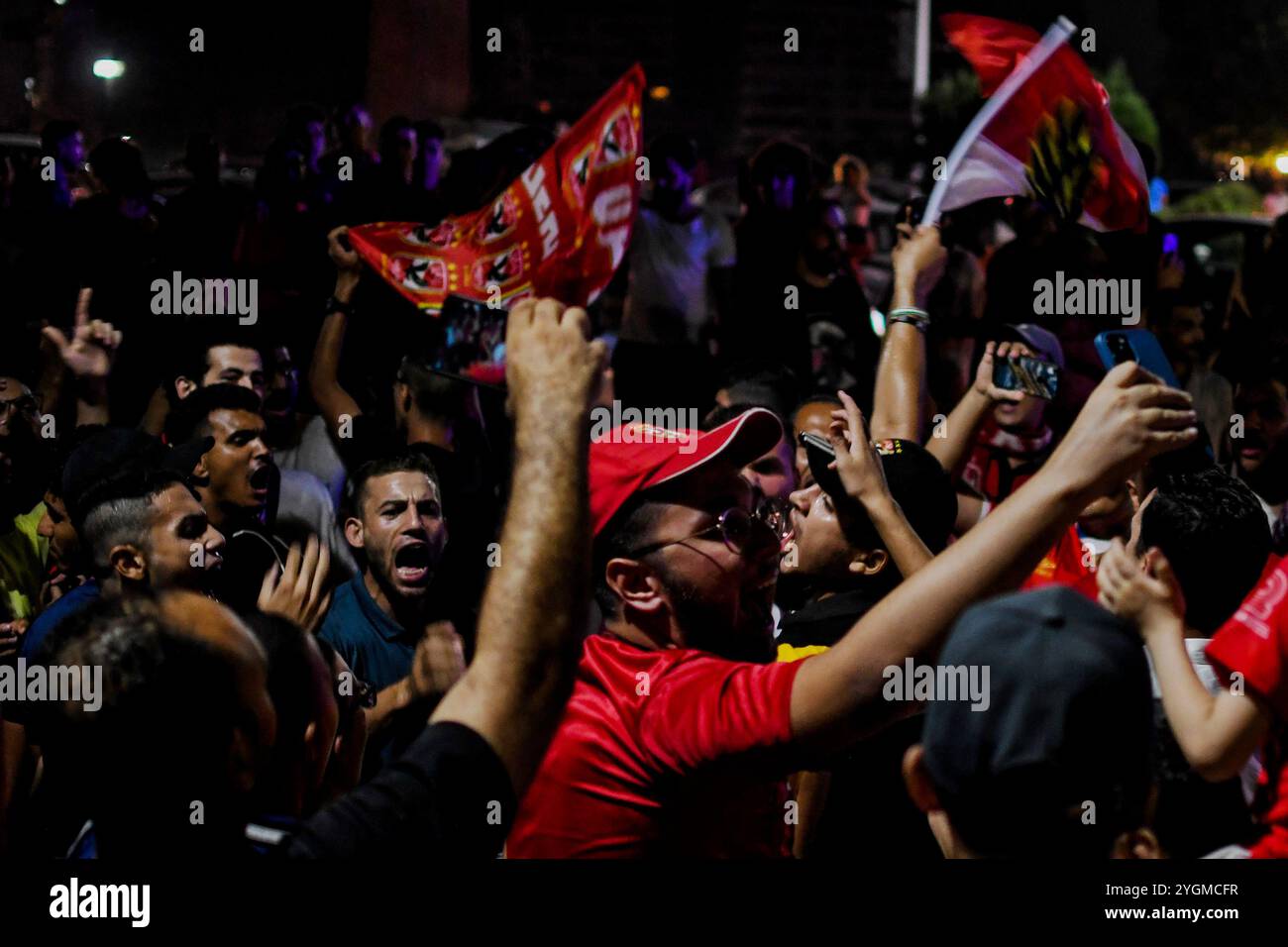 Cairo, Egypt. 18 July 2021. Al-Ahly fans celebrate their team's victory ...