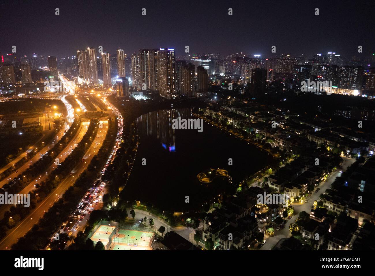 Hanoi skyline at night from high angle with skyscrapers and lights ...
