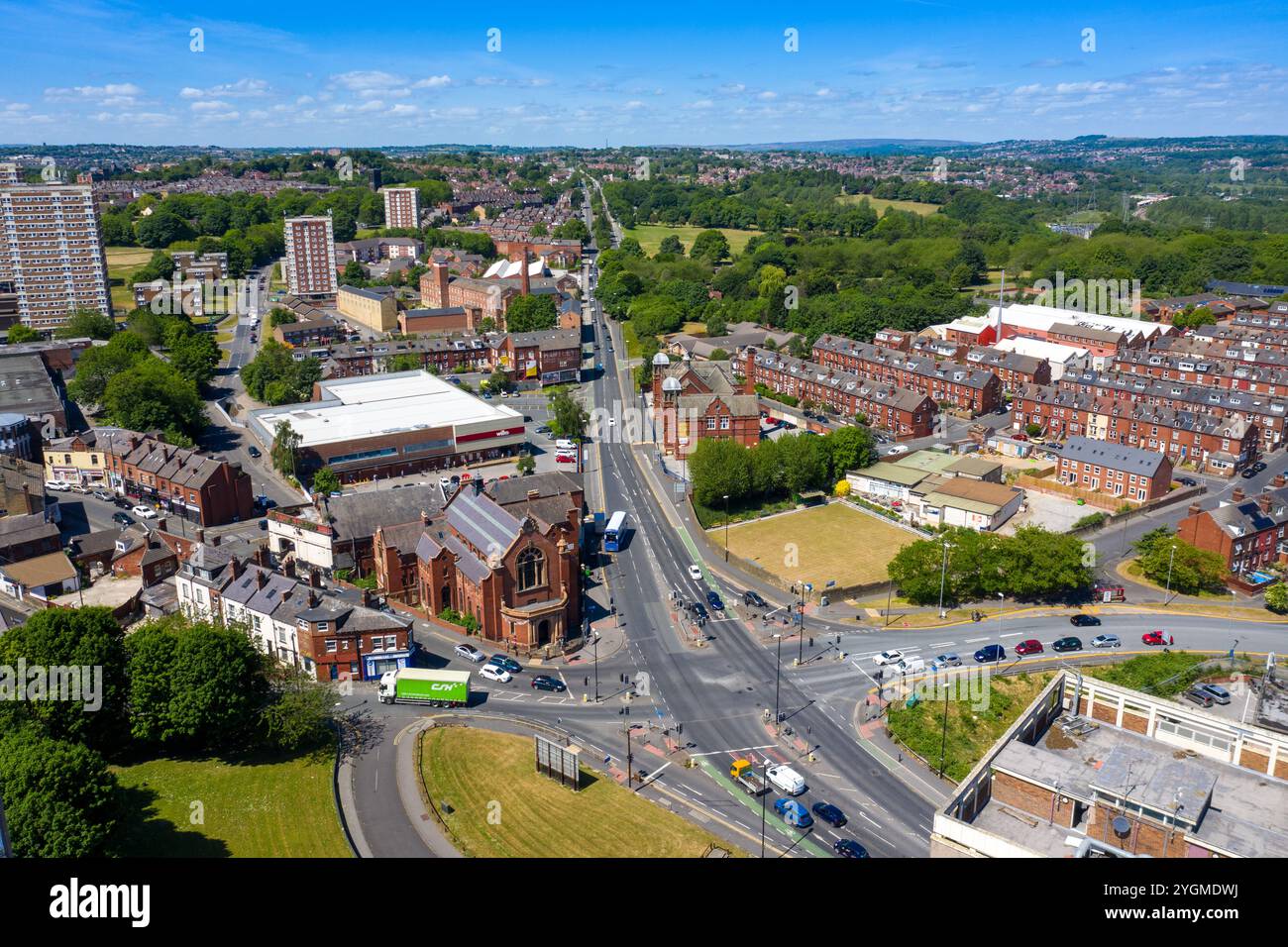 Aerial photo of the town centre of Armley in Leeds West Yorkshire on a ...