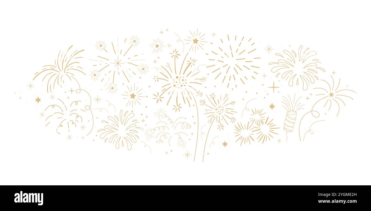 Fireworks festive explosion golden bursts, sparks in doodle style ...