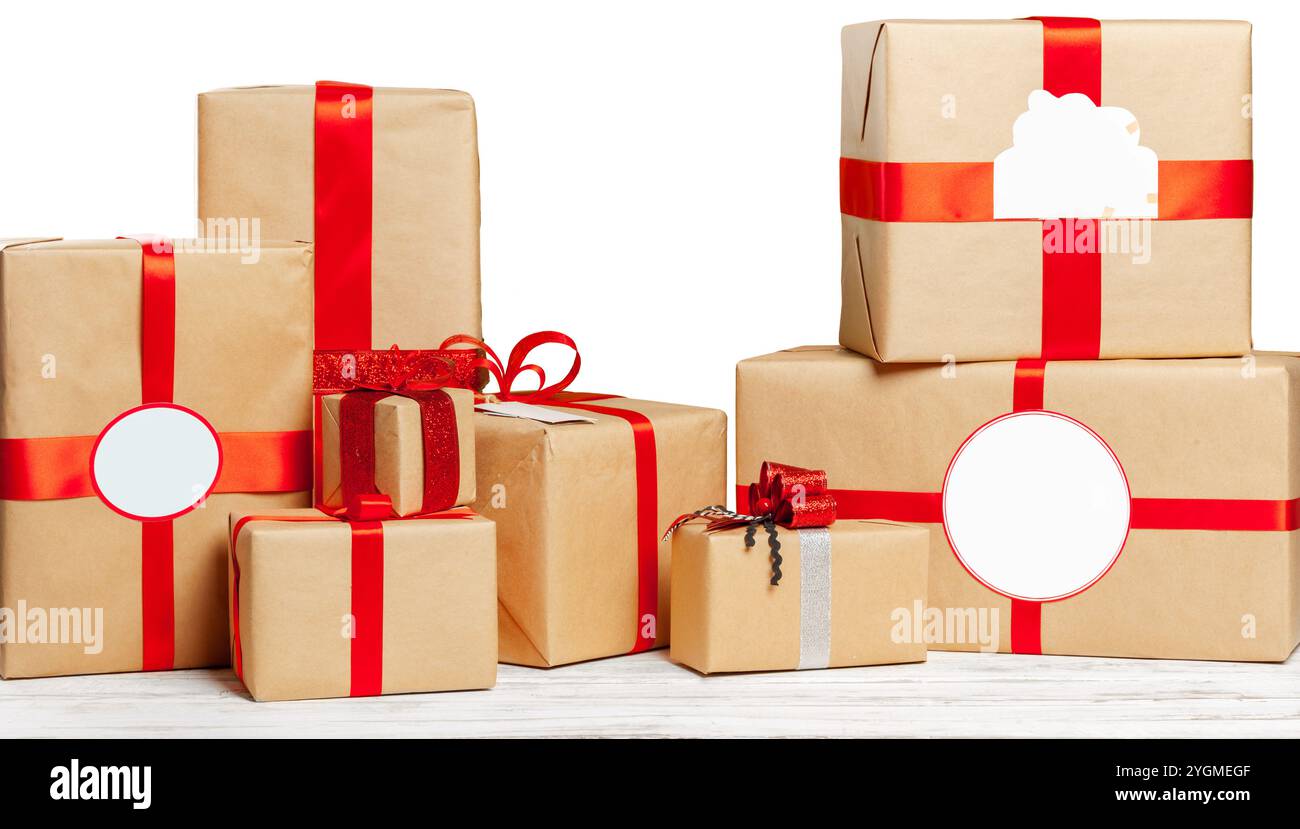 pile of gifts on the old table Stock Photo - Alamy