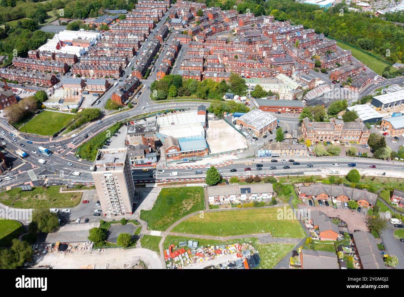 Aerial photo of the town centre of Armley in Leeds West Yorkshire on a ...