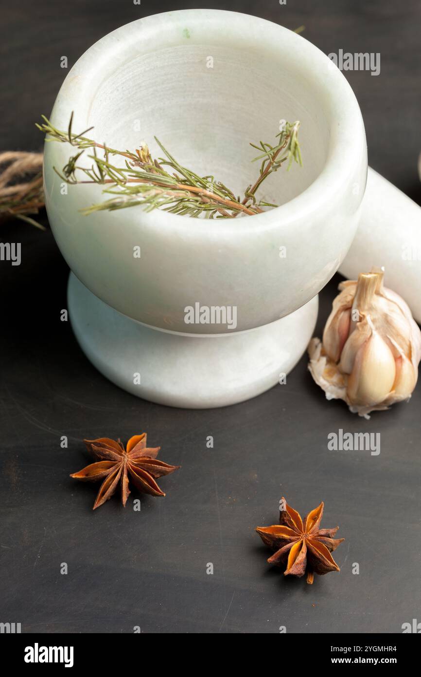Ceramic Mortar with Pestle and fresh spices Stock Photo - Alamy