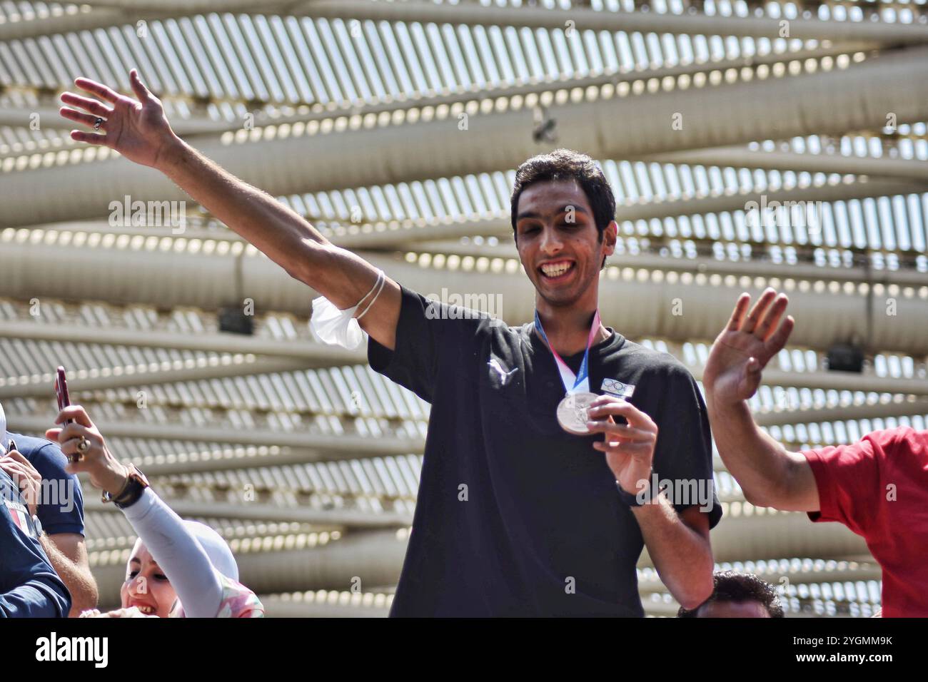 Cairo, Egypt. 28 July 2021. Egyptian athletes Hedaya Malak and Saif ...