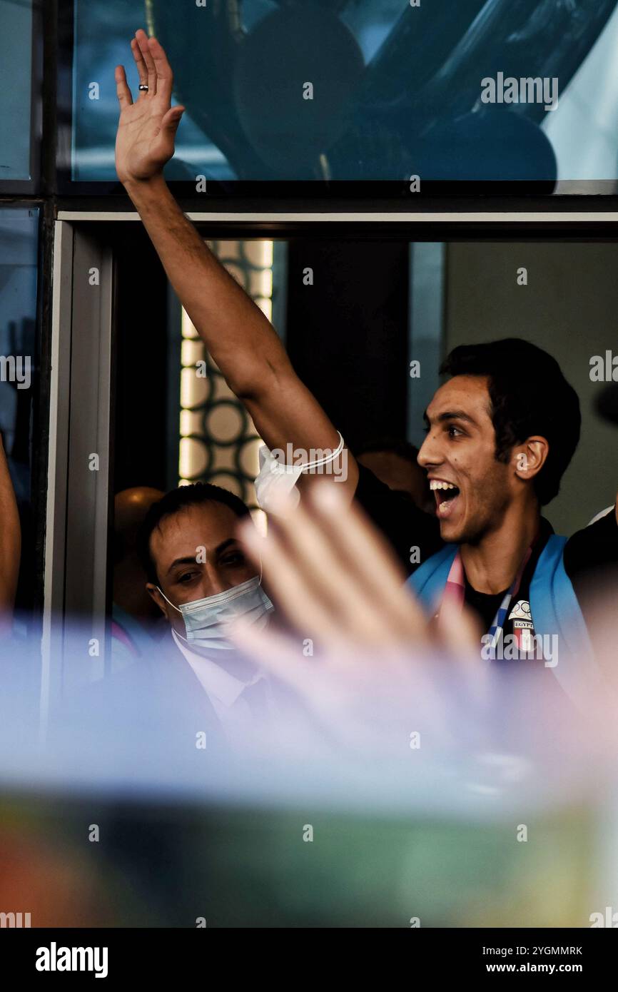 Cairo, Egypt. 28 July 2021. Egyptian athletes Hedaya Malak and Saif ...