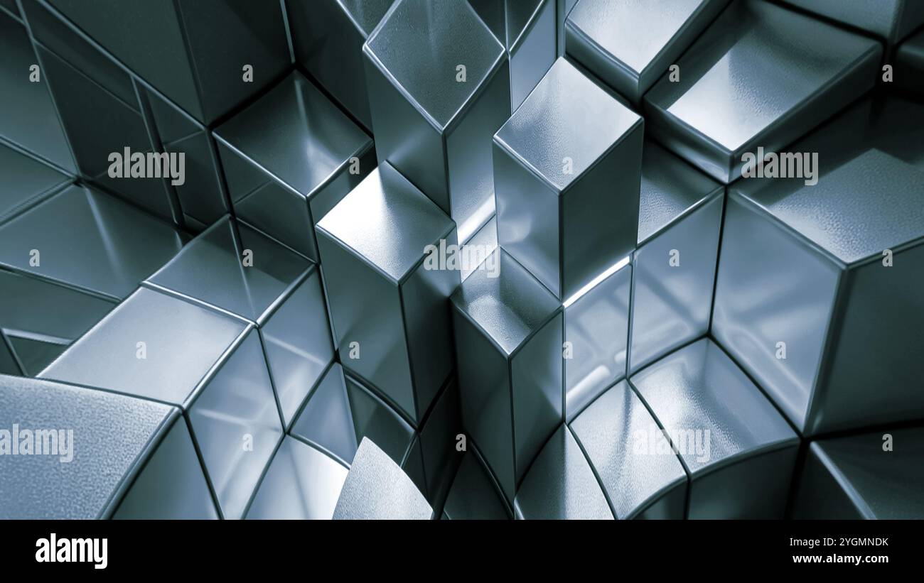 Illustration of a dark background with 3D silver metal shaped cubes and ...