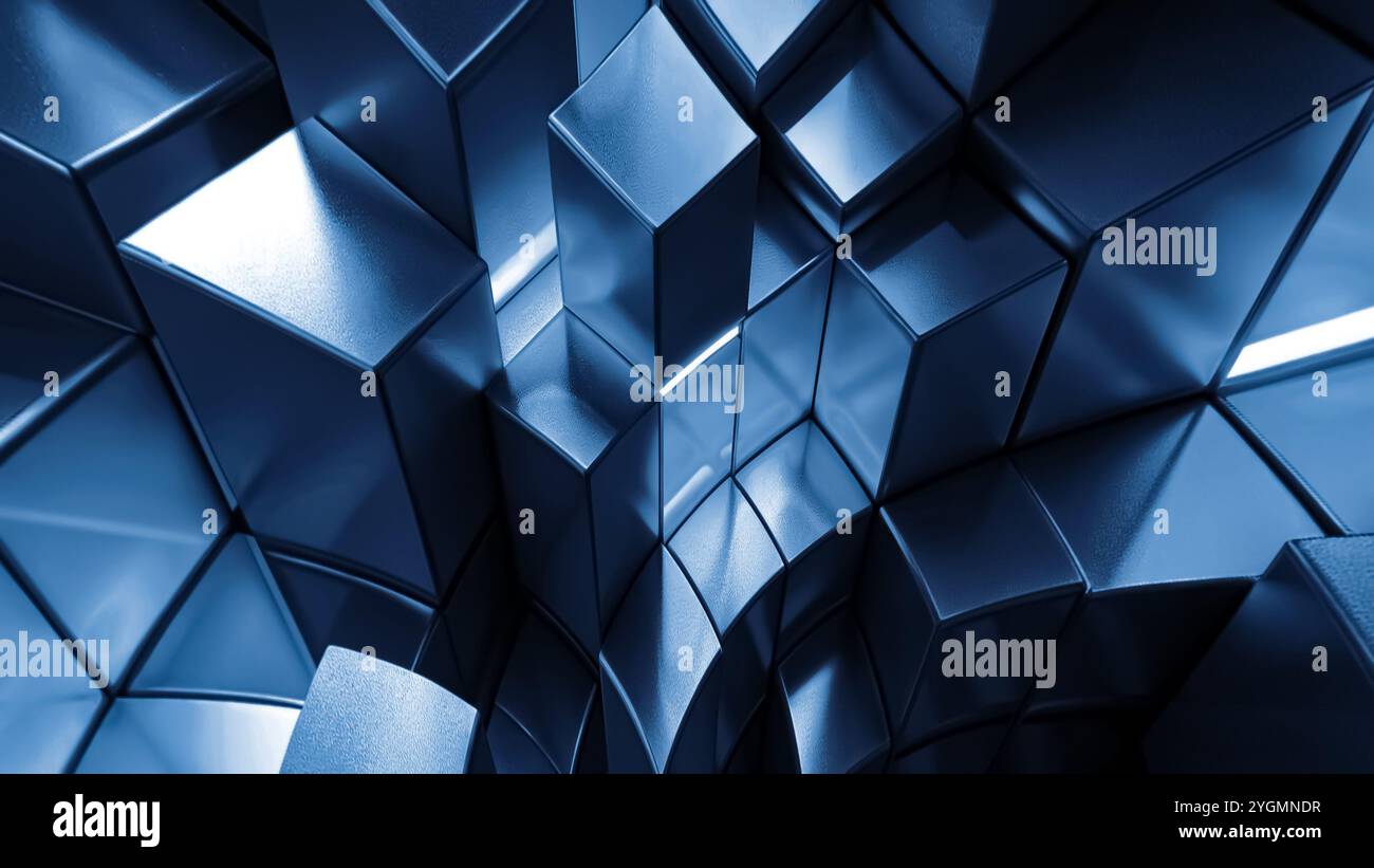 Illustration of a dark background with 3D blue shiny shaped cubes and ...