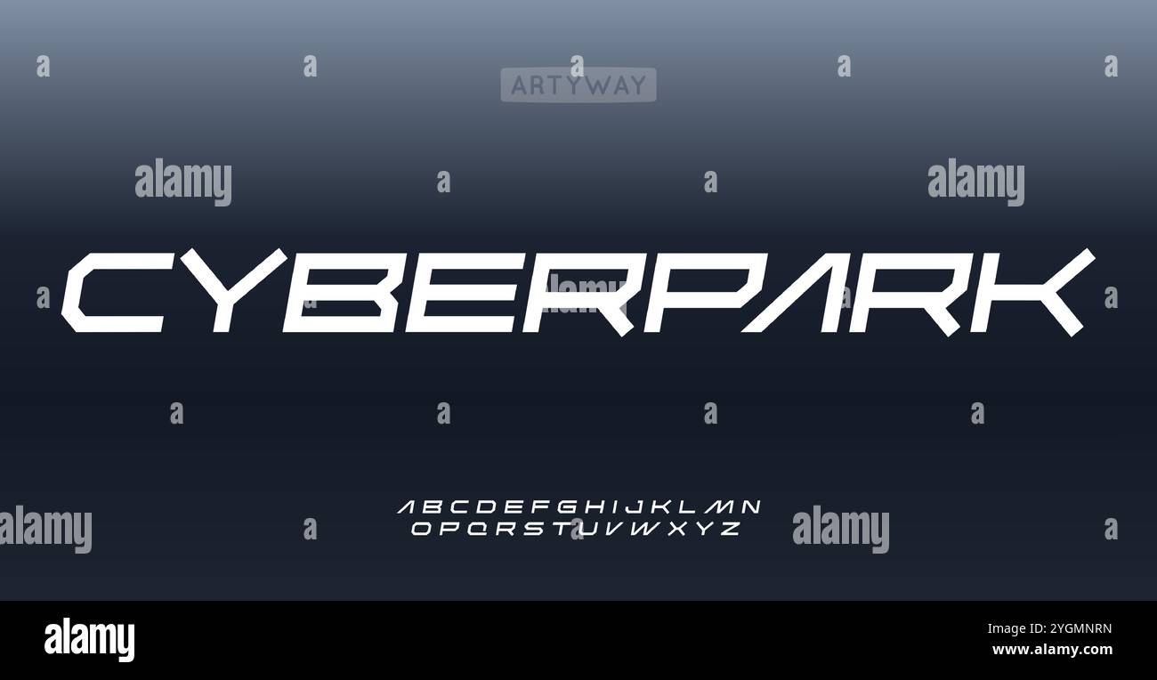 Wide geometric alphabet, bold cyberpunk font, futuristic angular typography, robotic industry ...