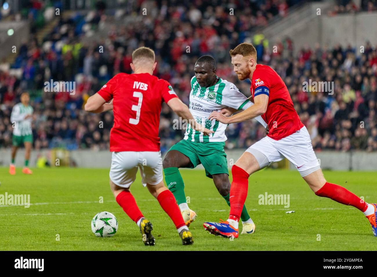 Belfast, Northern Ireland. 7th November 2024. Chadrac Akolo is tackled ...