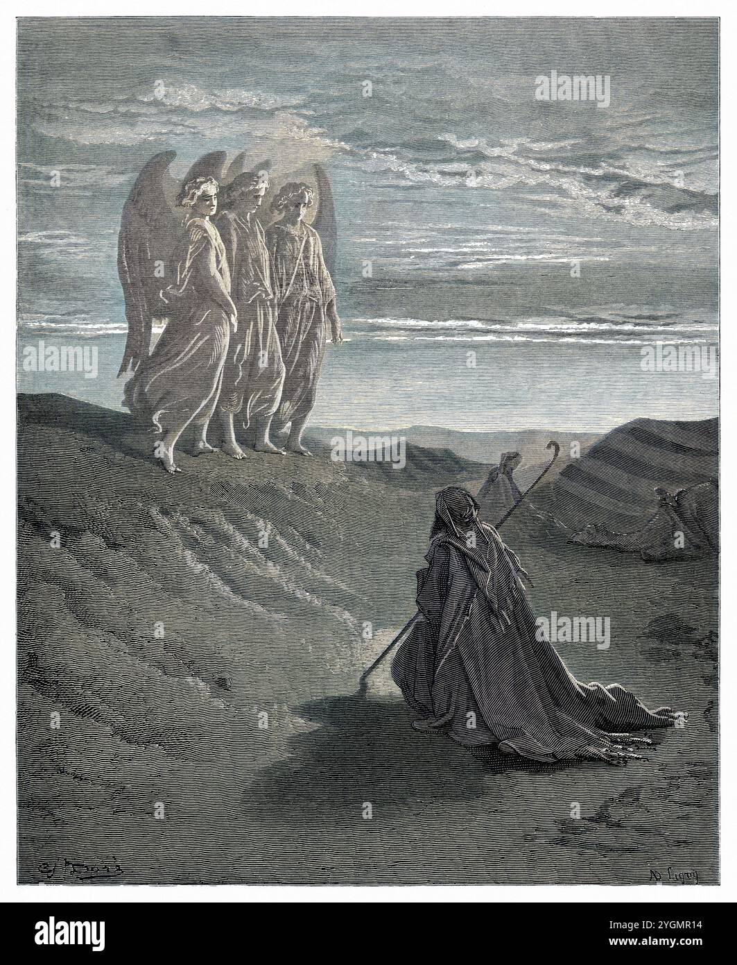 Abraham is visited by three angels. Old Testament. Antique digitally ...