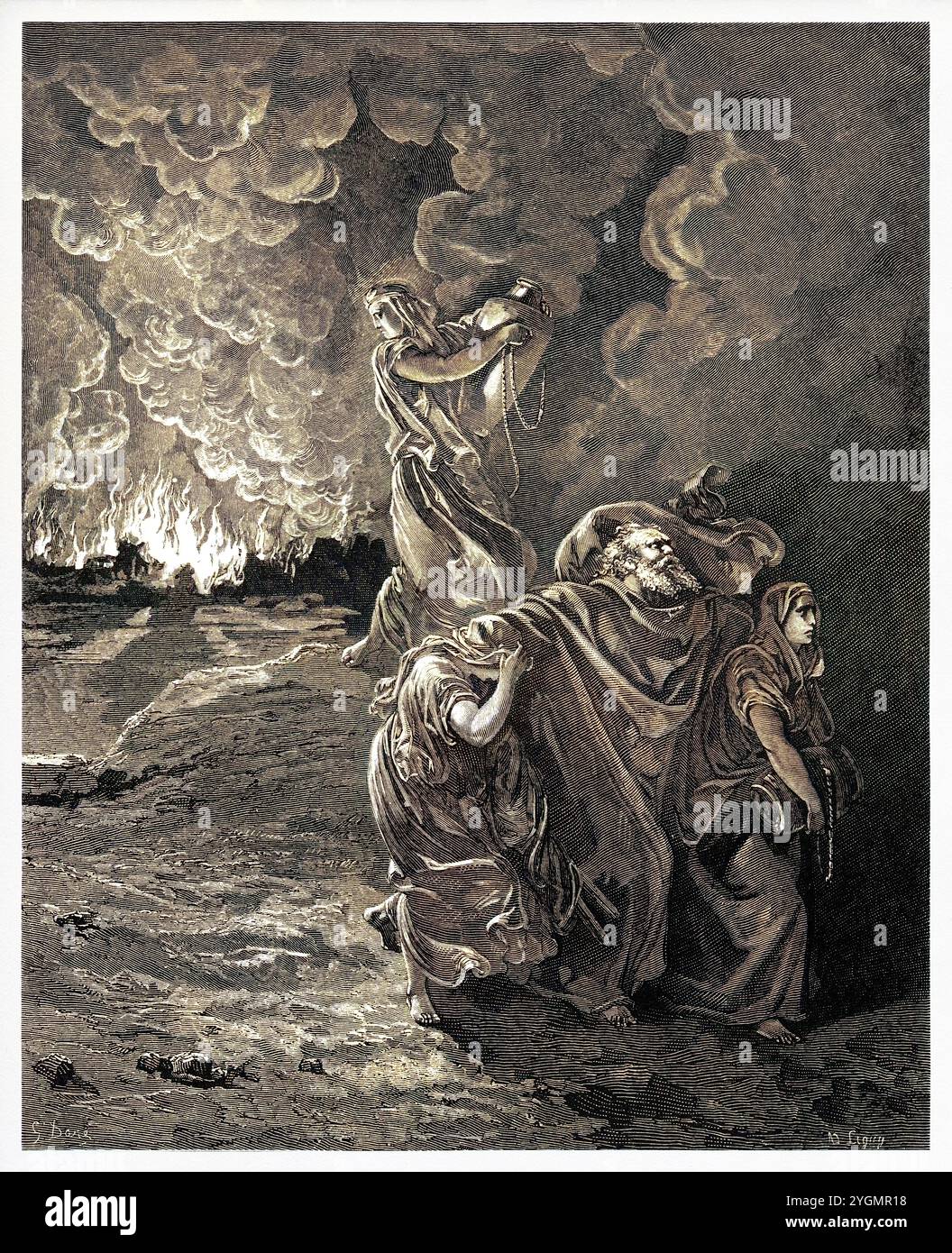 Lot and his family fleeing from burning Sodom and Gomorrah. Old ...