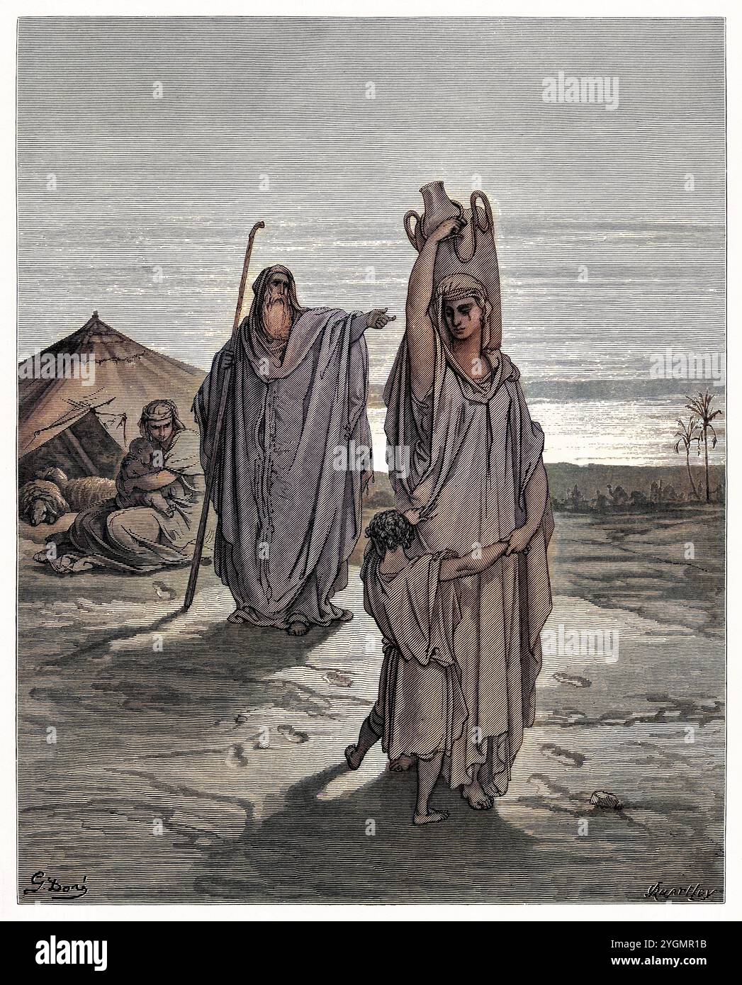 Abraham dismissing Hagar and Ishmael. Old Testament. Antique digitally ...