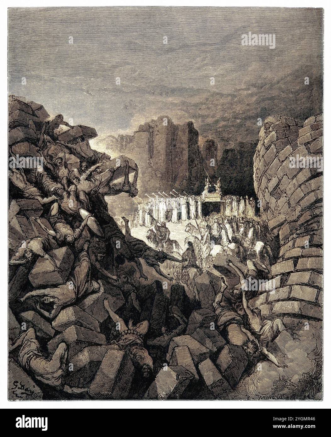 The walls of Jericho falling down. Old Testament. Antique digitally ...