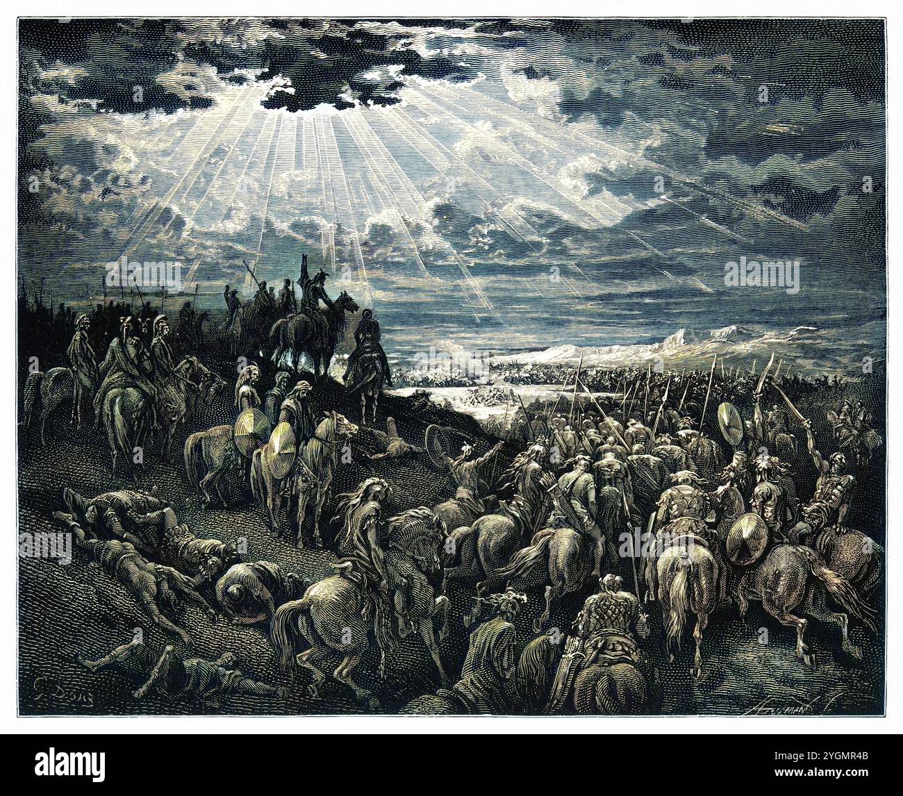 Joshua commanding the sun to stand still. Old Testament. Antique ...