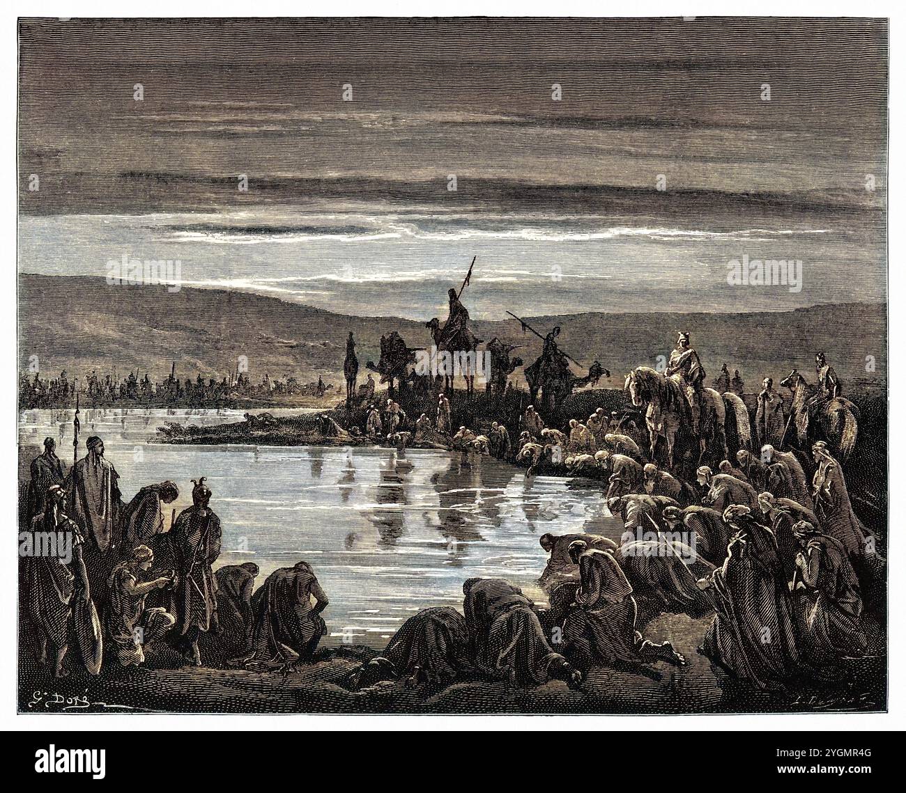 Gideon choosing his soldiers. Old Testament. Antique digitally colored ...