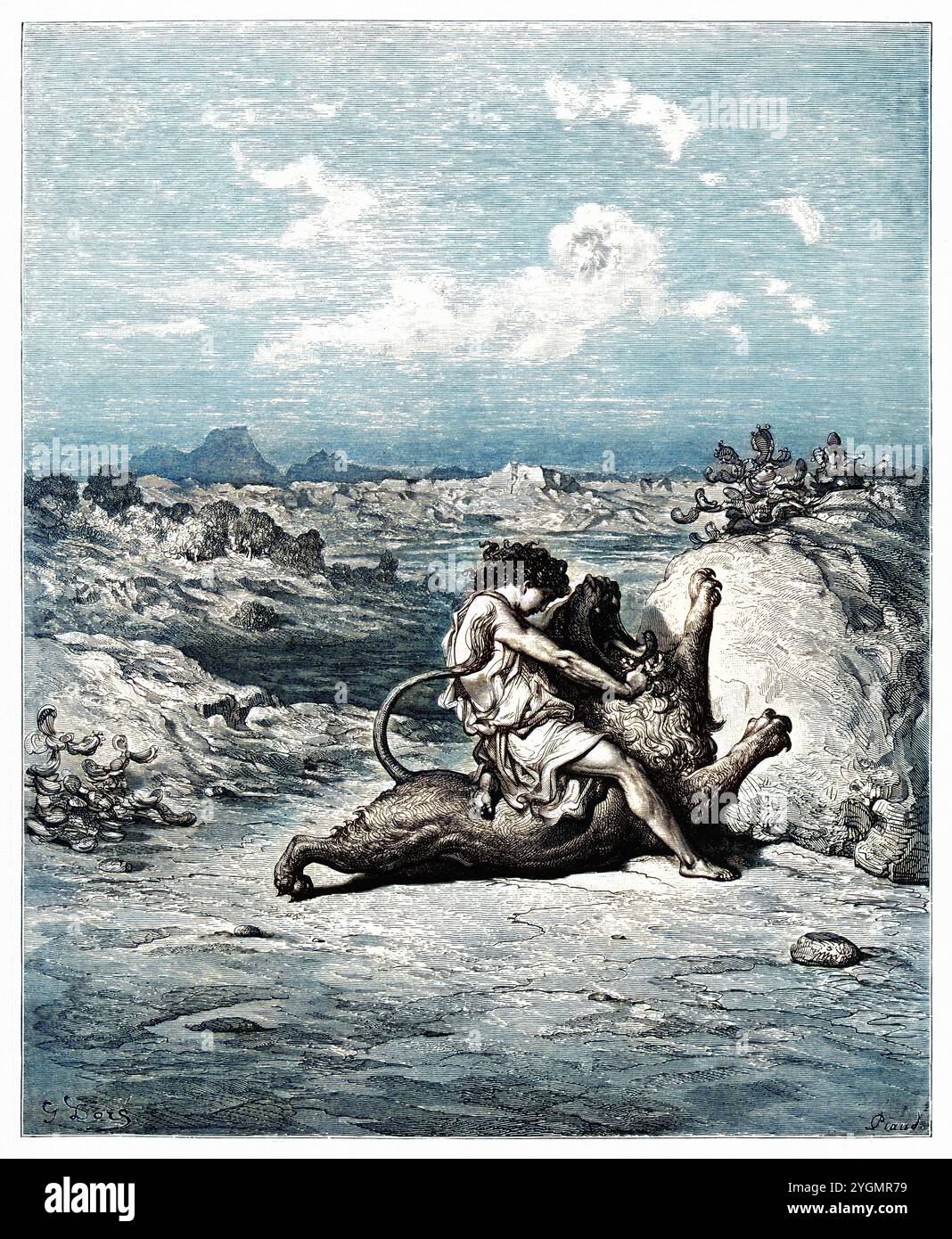 Samson slaying the lion. Old Testament. Antique digitally colored ...