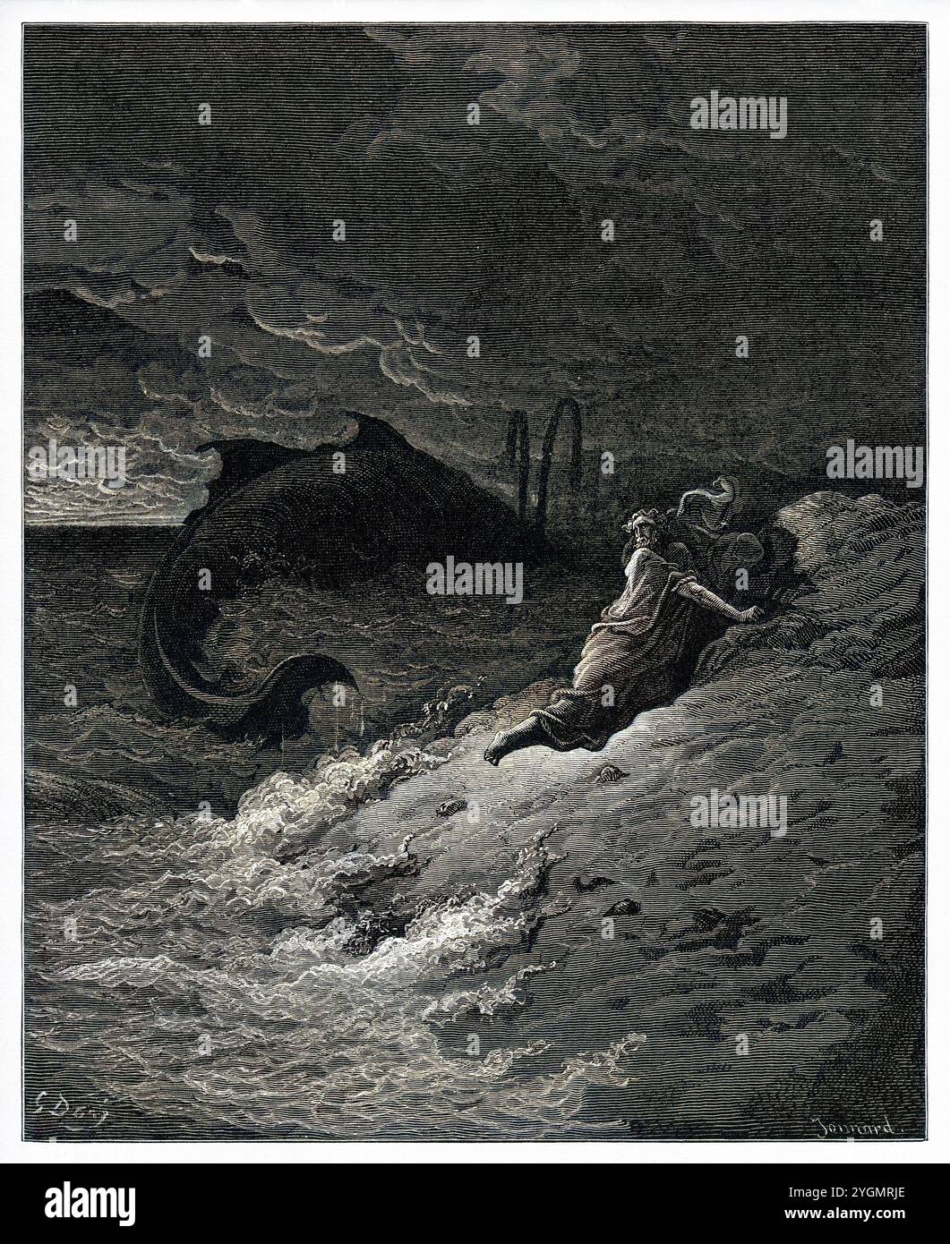 Jonah is vomited out by the whale. Old Testament. Antique digitally ...