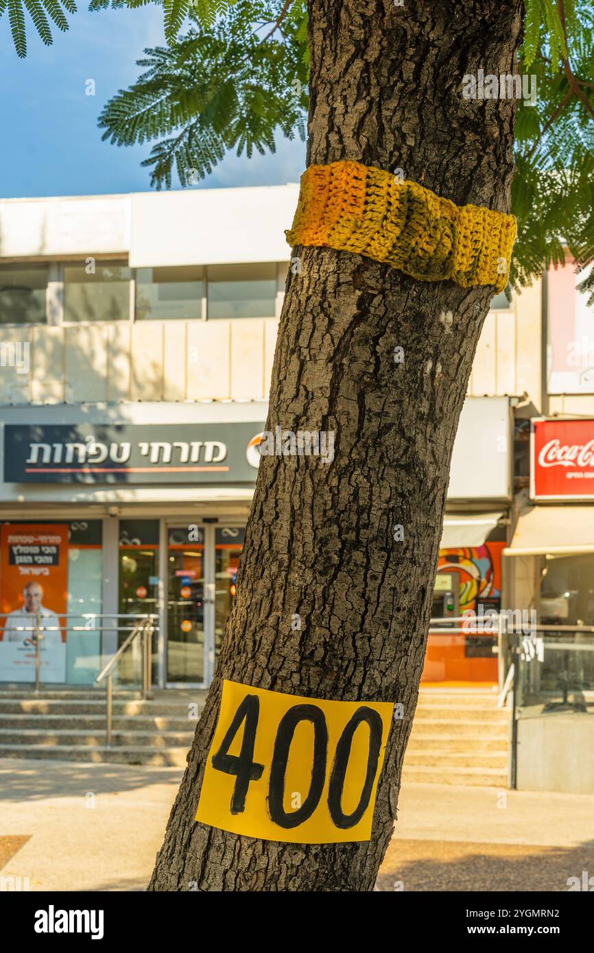 Haifa, Israel - November 08, 2024: Signs marking 400 days of the war ...