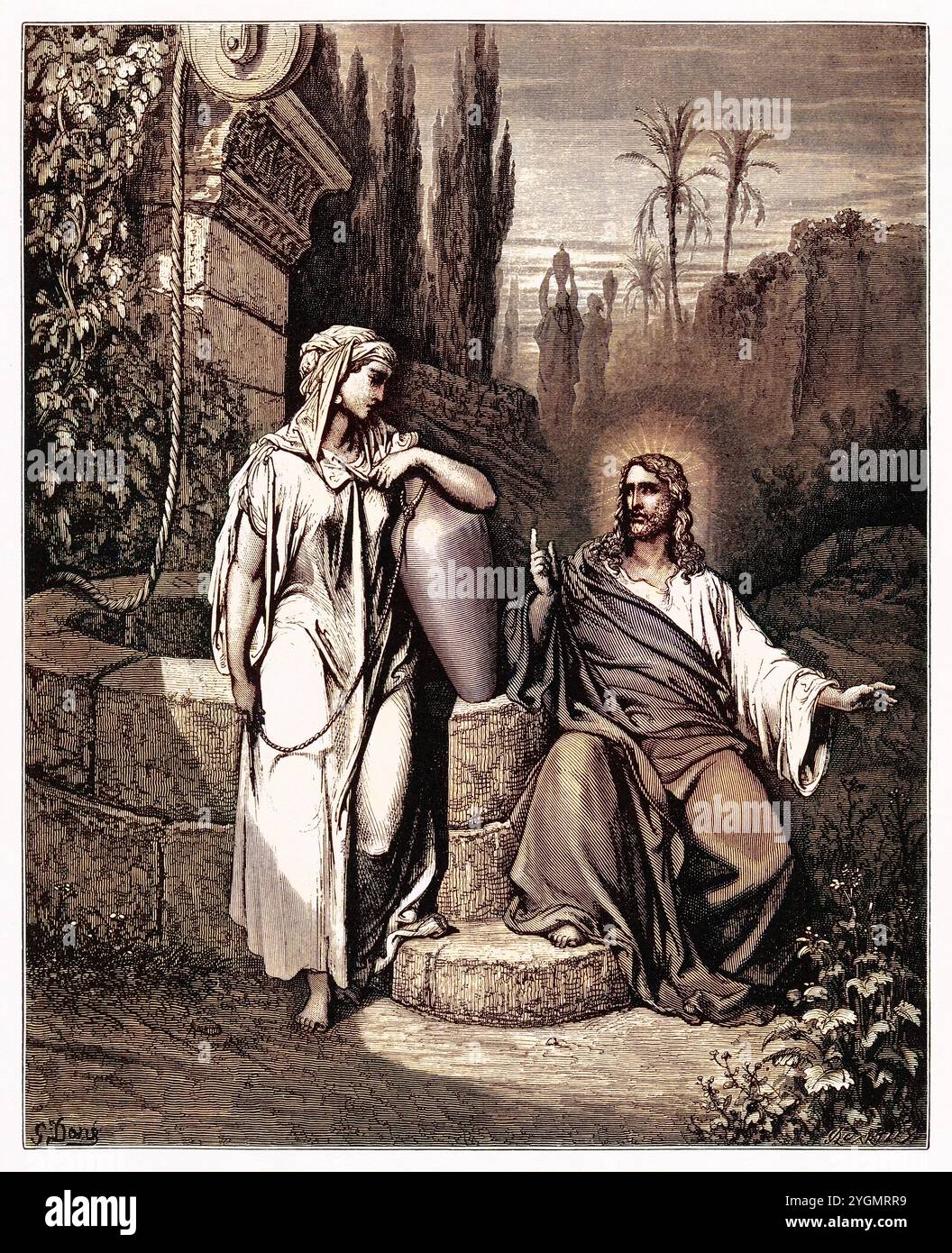 Jesus and the Samaritan woman. New Testament. Antique digitally colored ...