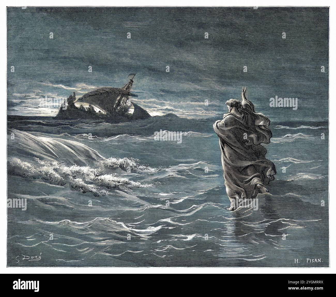 Jesus walks on water (Mark 6:45–56) New Testament. Antique digitally ...