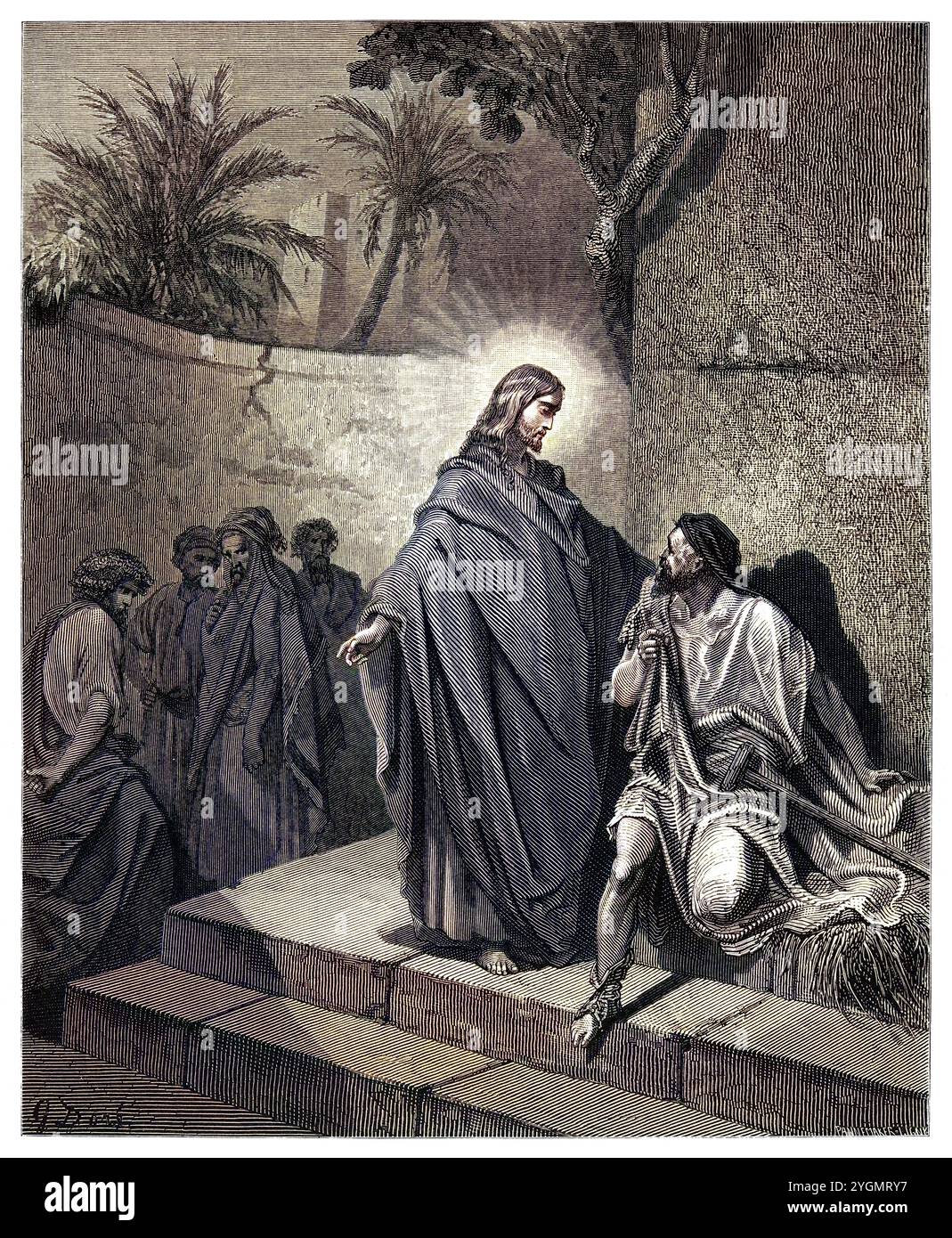 Jesus Heals a Paralytic. New Testament. Antique digitally colored ...