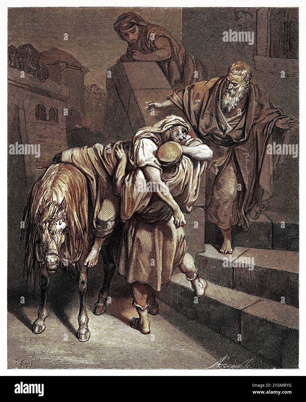 The Good Samaritan brings the injured man to the inn (Luke 10:34) New ...