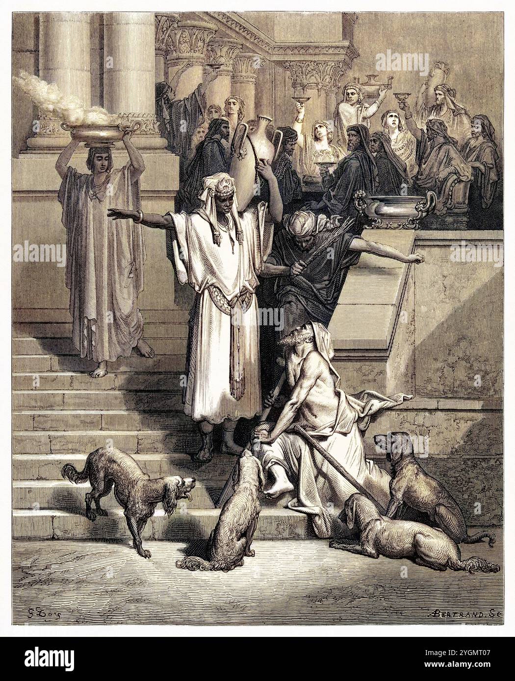 The parable of the rich man and Lazarus. Lazarus begs at the gate of ...