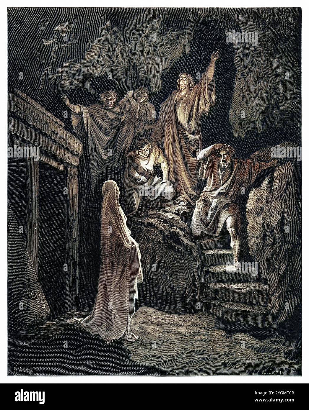 Jesus raising Lazarus from his tomb. New Testament. Antique digitally ...