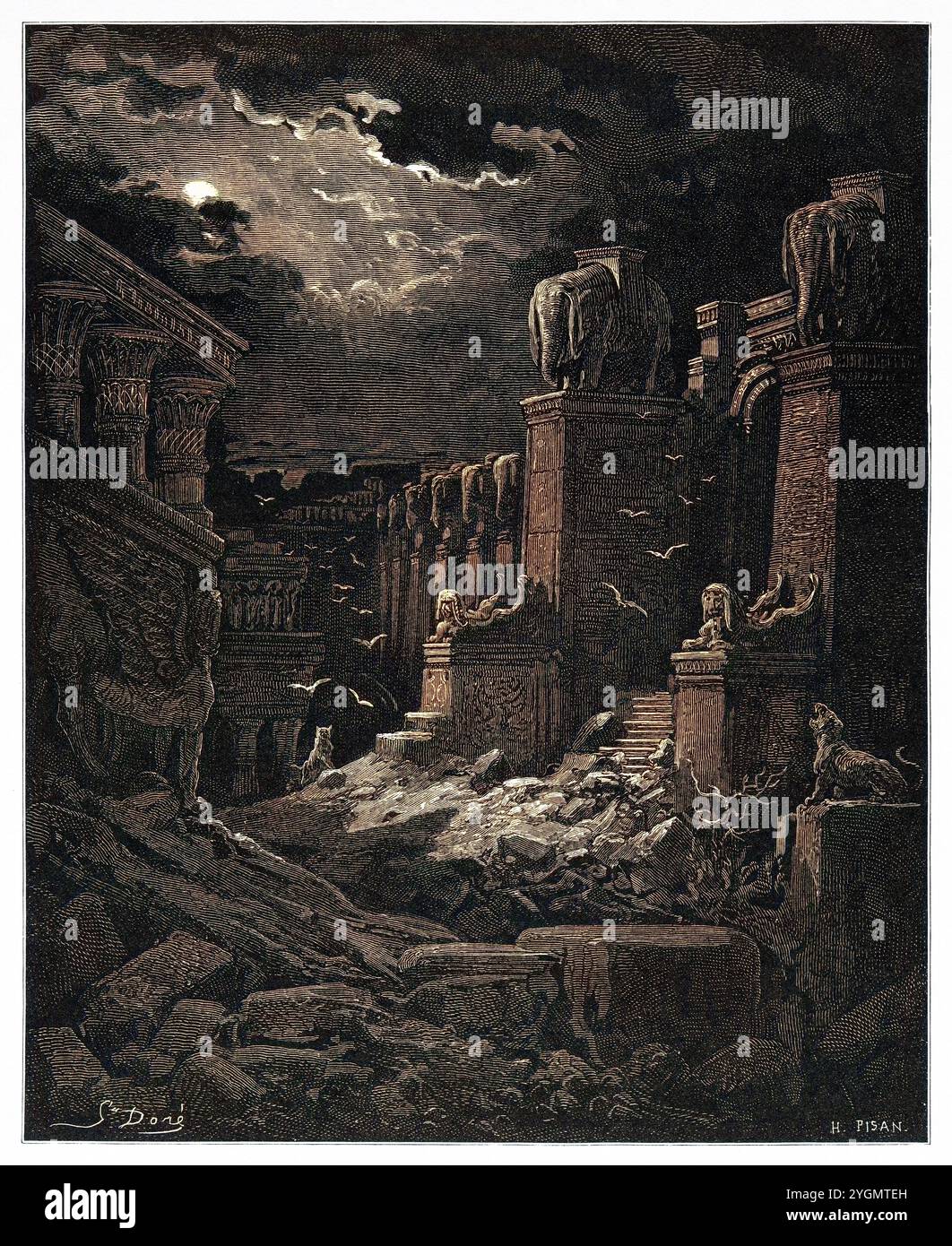 Babylon in ruins, vision of John the Baptist. New Testament. Antique ...