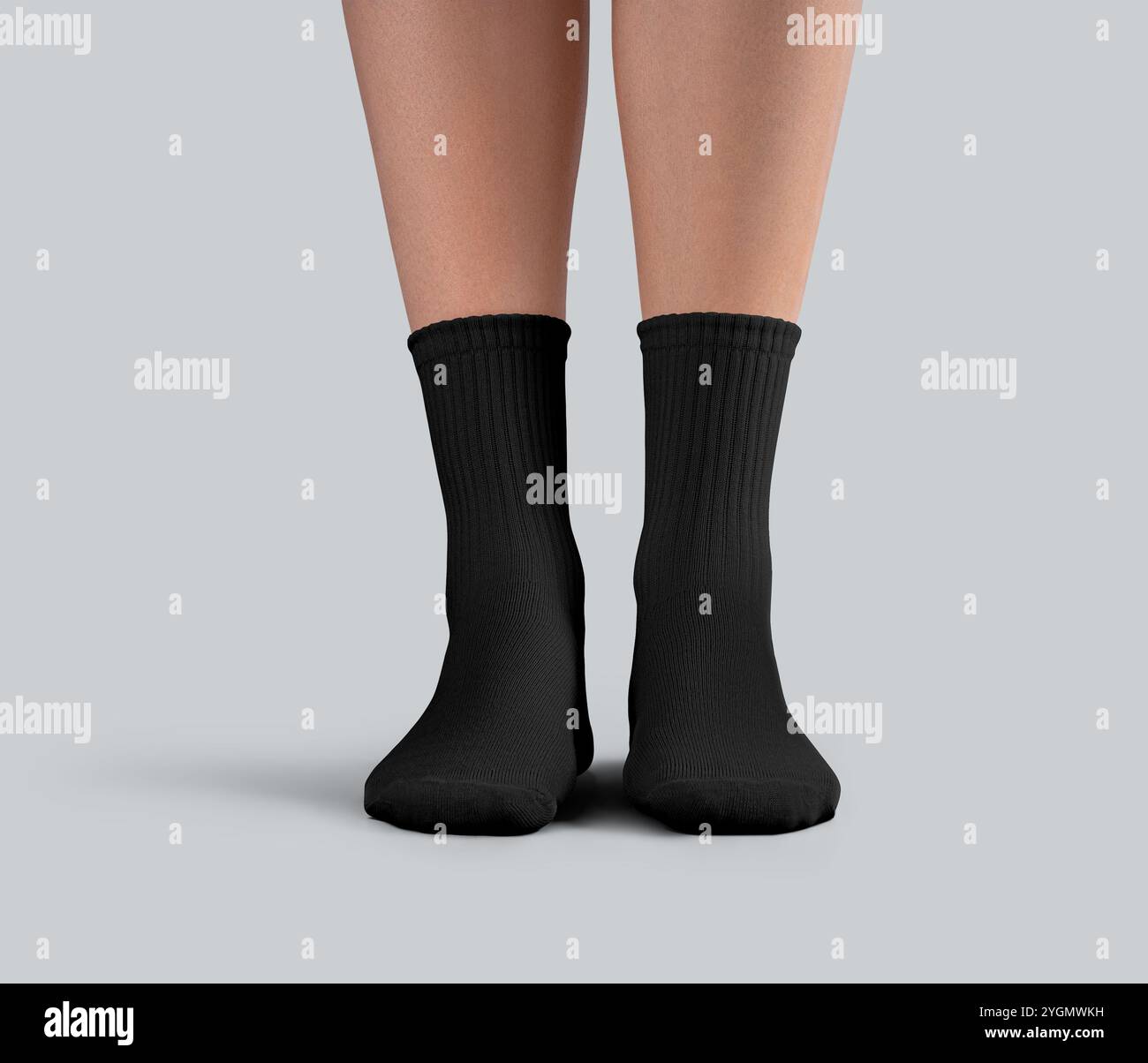 Mockup of black medium socks on female feet, sportswear for legs, front ...