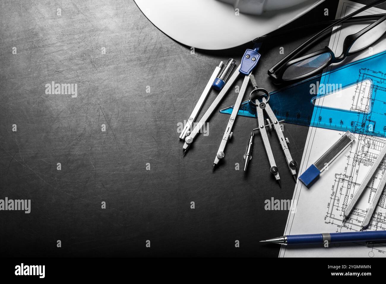 Construction planning drawings on black background Stock Photo - Alamy