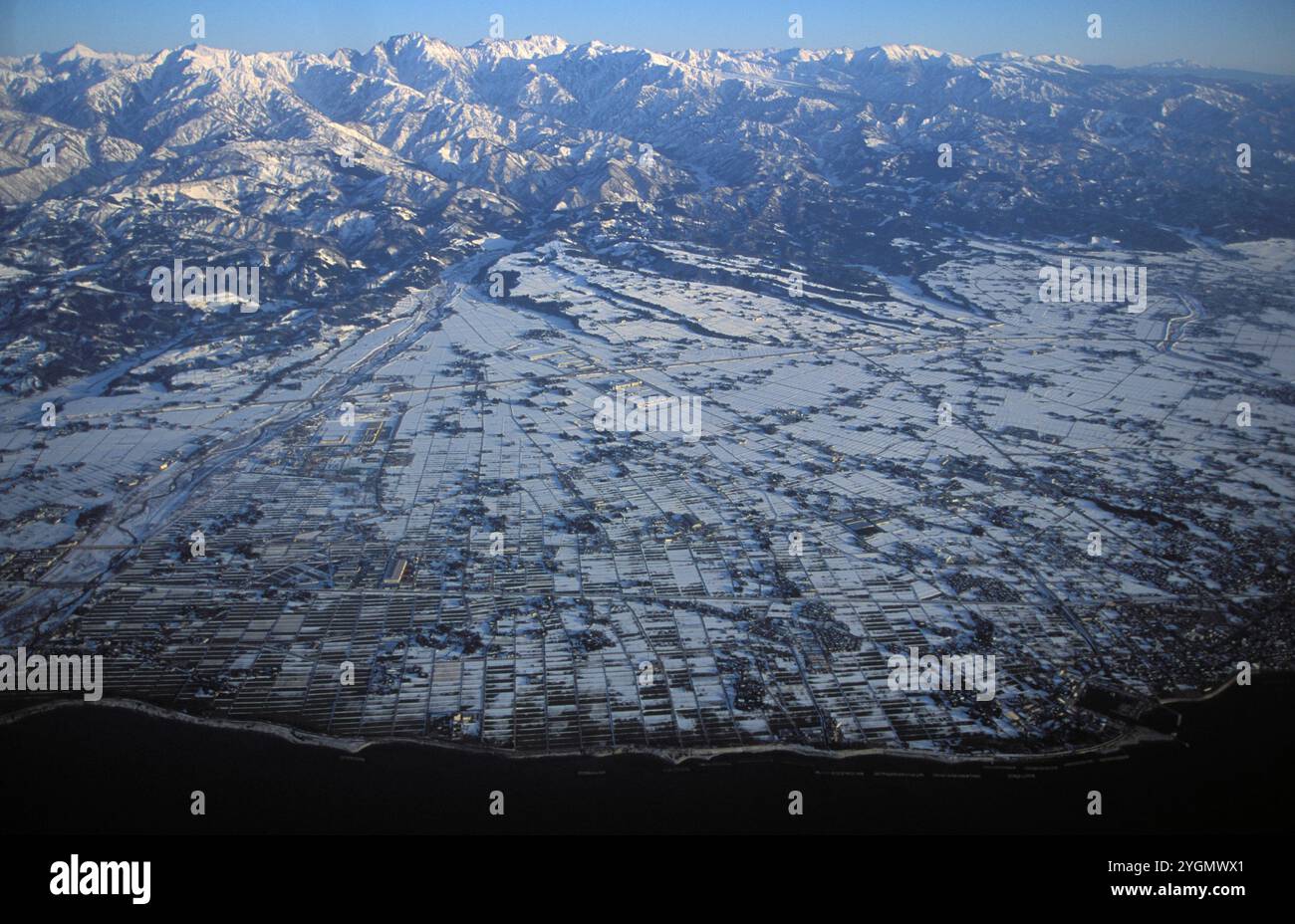 Aerial view of Toyama, Japan and the Japanese Alps Stock Photo - Alamy