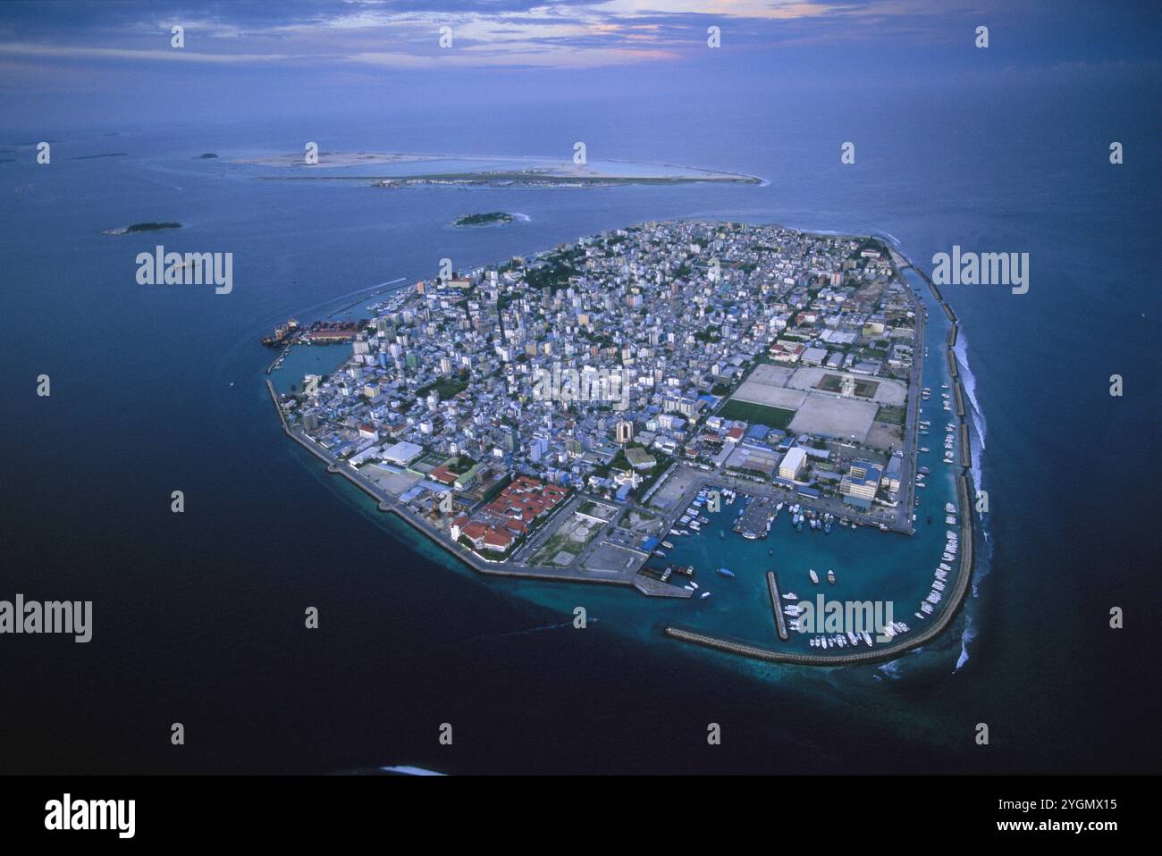 Aerials of Male Maldives at sunrise, Viligili Island Stock Photo - Alamy