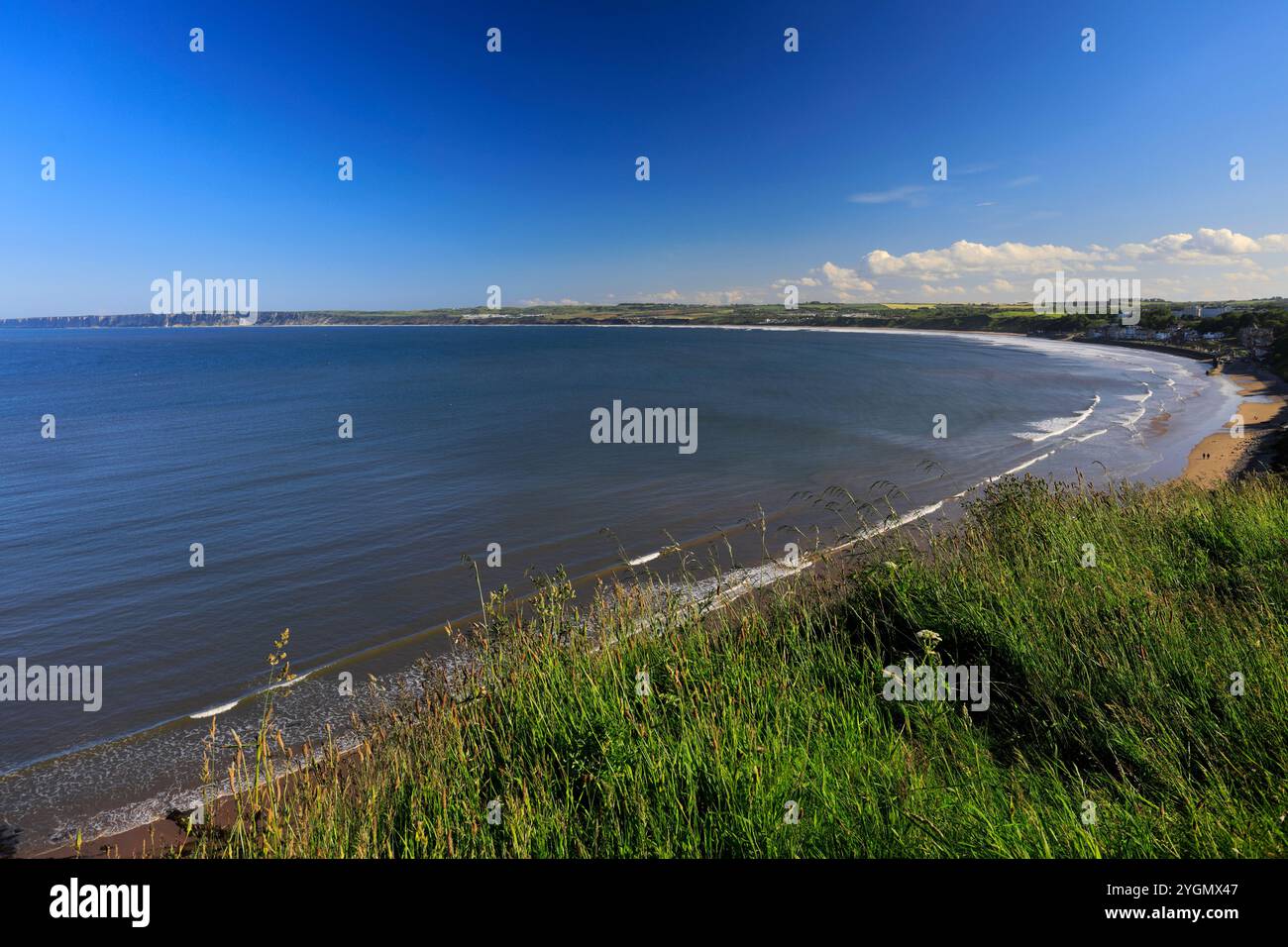 View over Filey town from the Filey Brigg peninsular, North Yorkshire ...