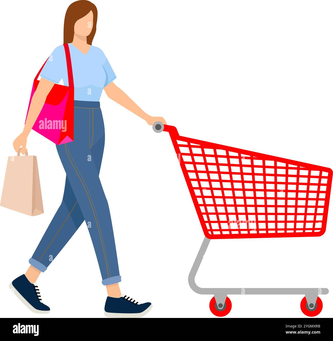Clip art of a woman pushing a shopping cart empty. Vector illustration ...