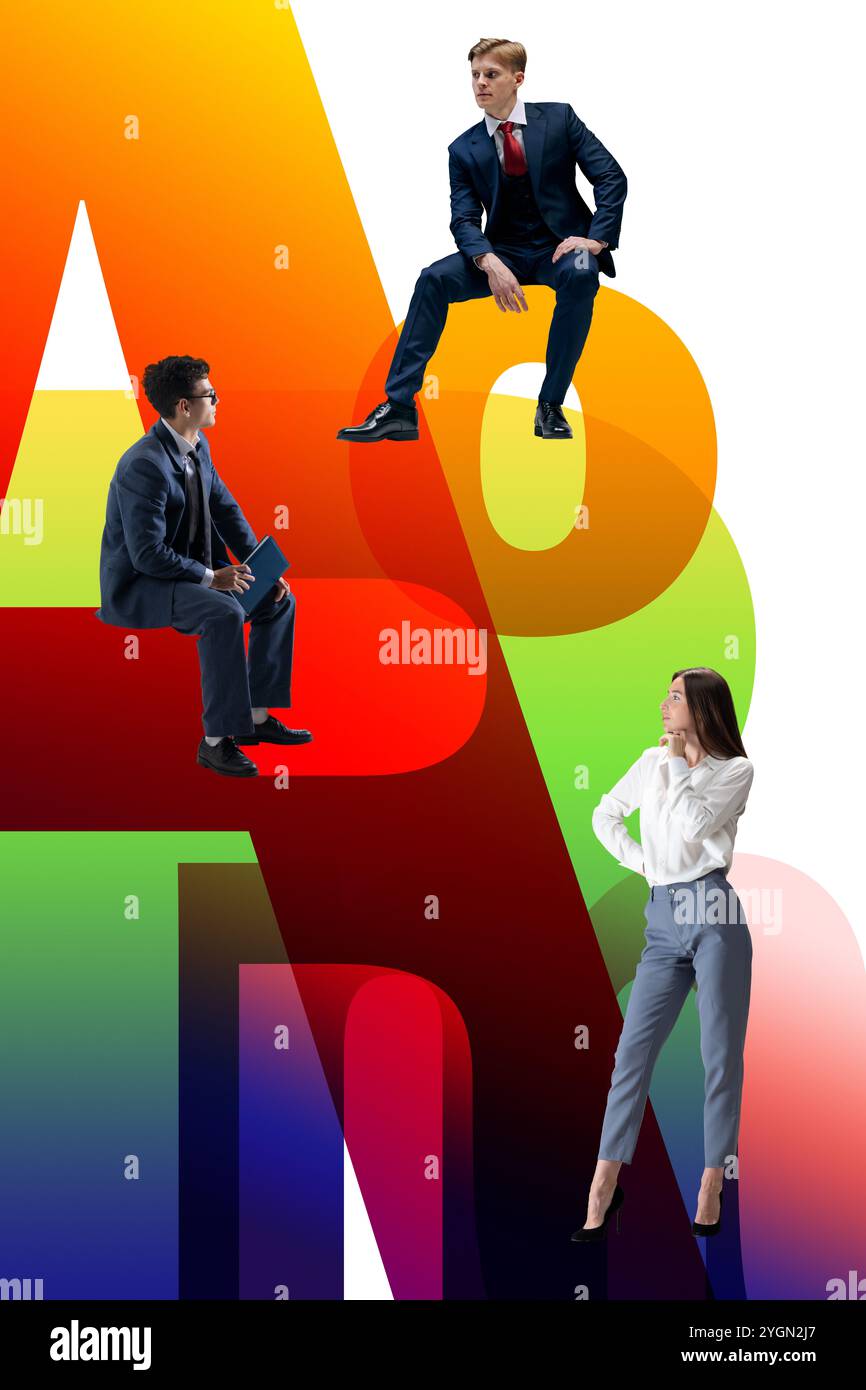 Contemporary art collage. Letters interact with colorful overlays ...