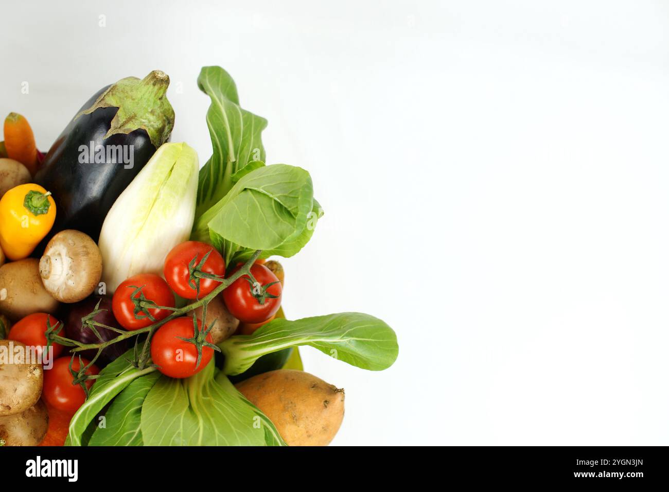 Raw mixed organic vegetables in the left corner of the frame, isolated ...