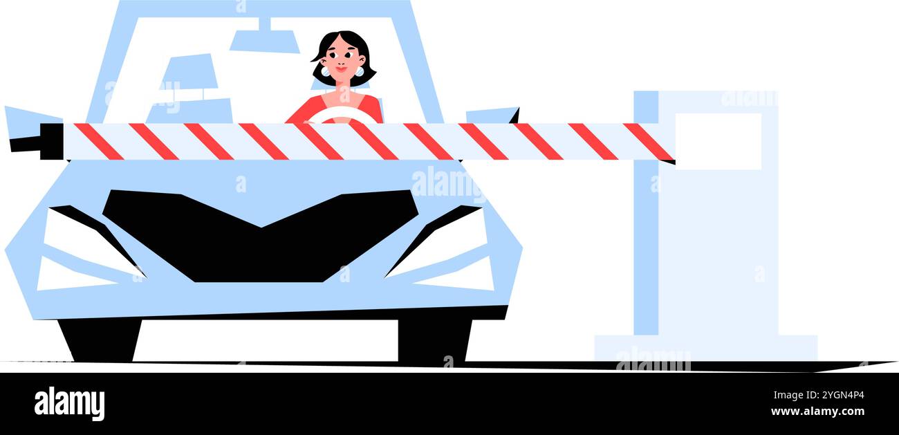 Car At Toll Gate With Driver In Flat Vector Illustration Symbolizing ...