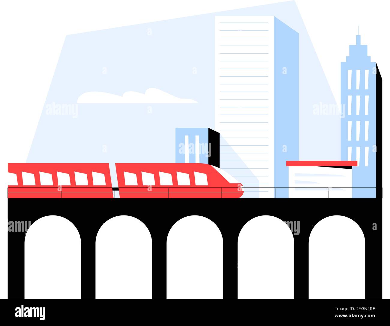City Bridge With Train Crossing Over Arched Bridge In Urban Setting Flat Vector Illustration