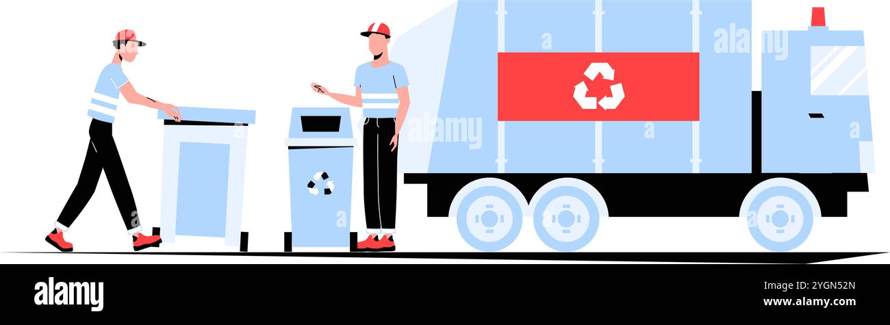 Recycling Truck With Workers Collecting Waste In Flat Vector ...