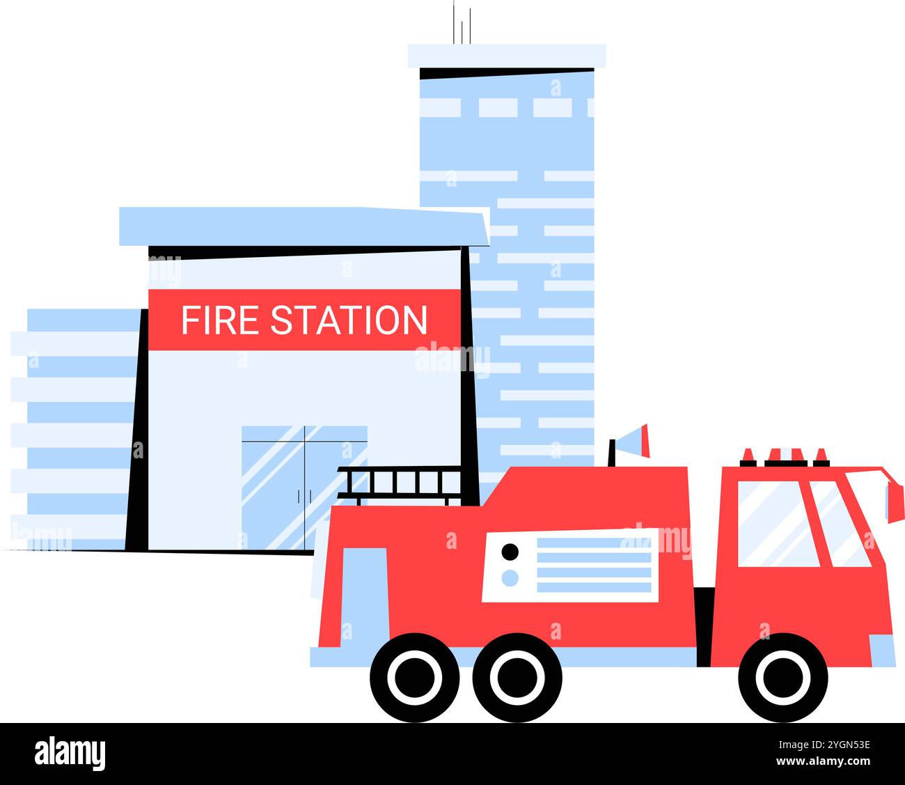 Fire Truck At Fire Station In Flat Vector Illustration Symbolizing Fire ...