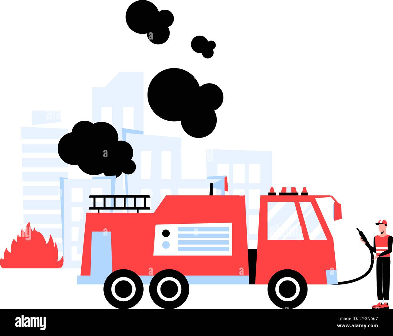 Firefighter With Fire Truck In Flat Vector Illustration Symbolizing ...
